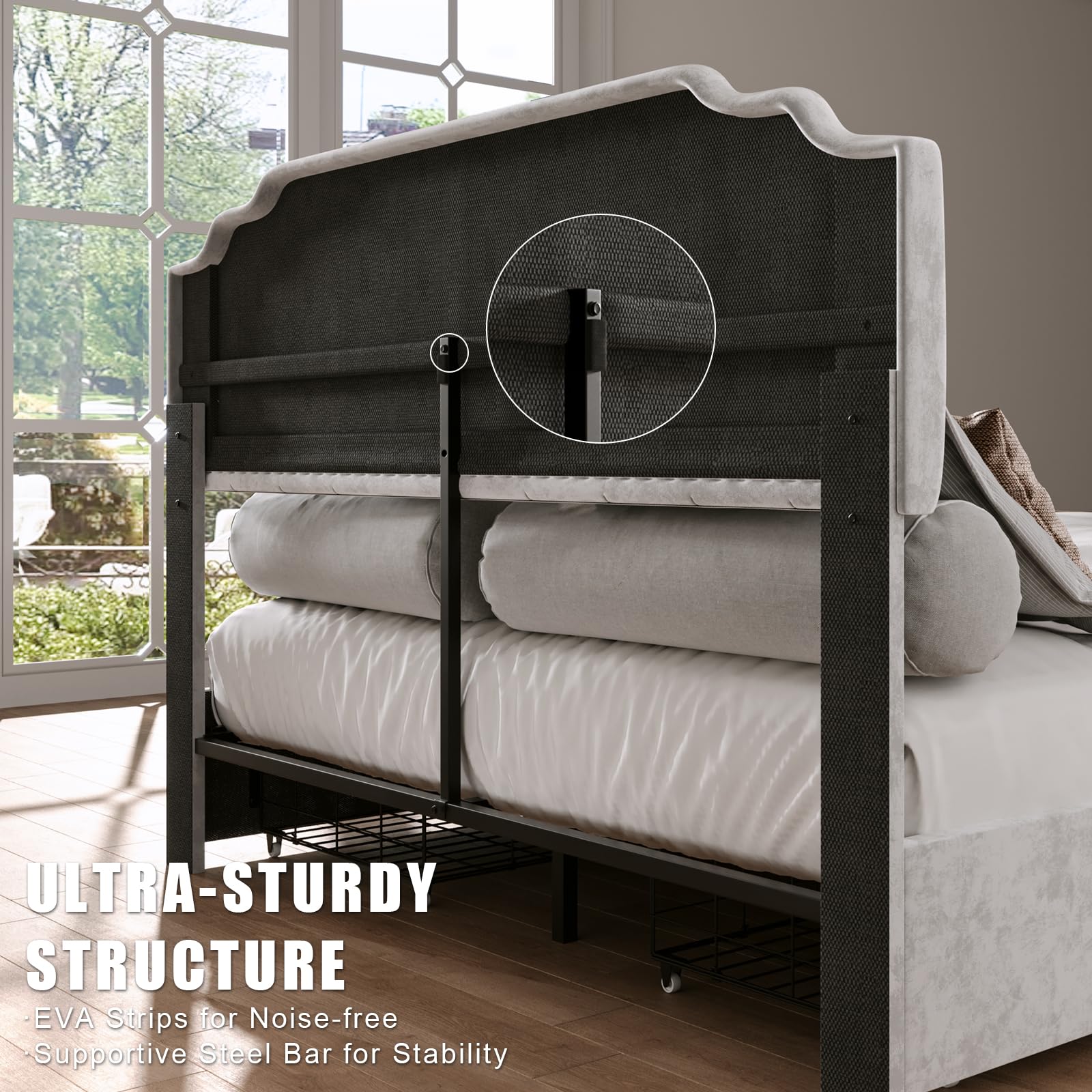 PaPaJet Queen Bed Frame with Storage Upholstered Platform Bed with 4 Drawers and Adjustable Headboard, Wooden Slats Support, No Box Spring Needed, Light Grey