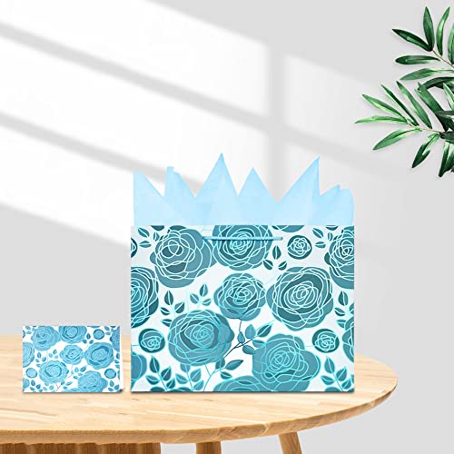 Rose Blue Large Gift Bag with Gift Card, Blue Tissue Paper, Envelope, and Sticker, for Parties, Birthdays, Mother's Day, Weddings, Retirements, Anniversaries, Any Occasion-Hot Stamping Blue Design
