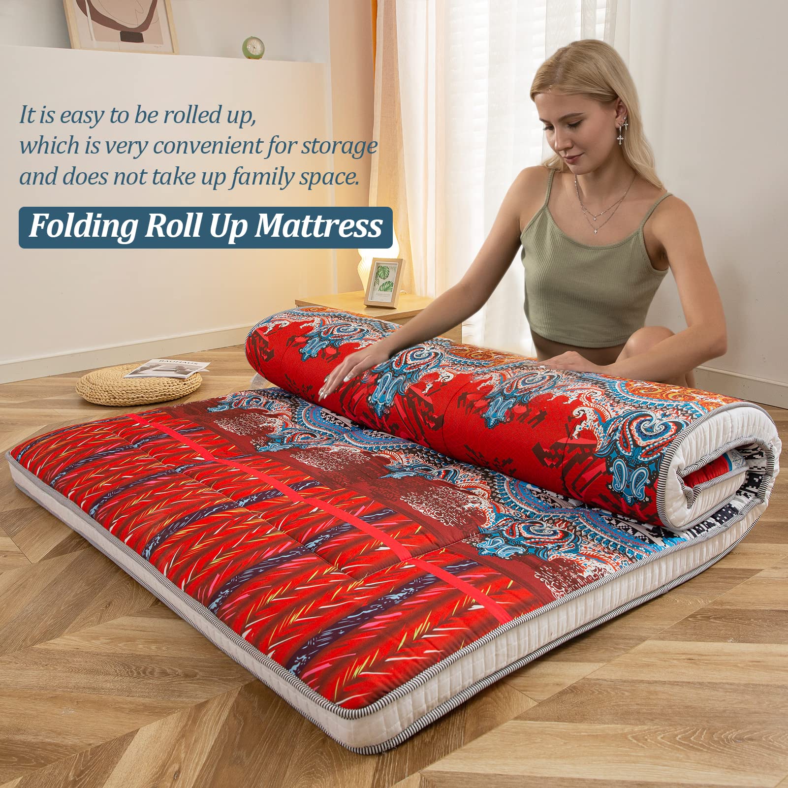 HIGOGOGO Japanese Floor Futon Mattress for Adults, Roll Up Sleeper Sofa Bed Mattress Replacement, Foldable Floor Bed Shikibuton Sleeping Pad, Pull Out Couch Mattress for Guest, Kids, Bohemian, Full