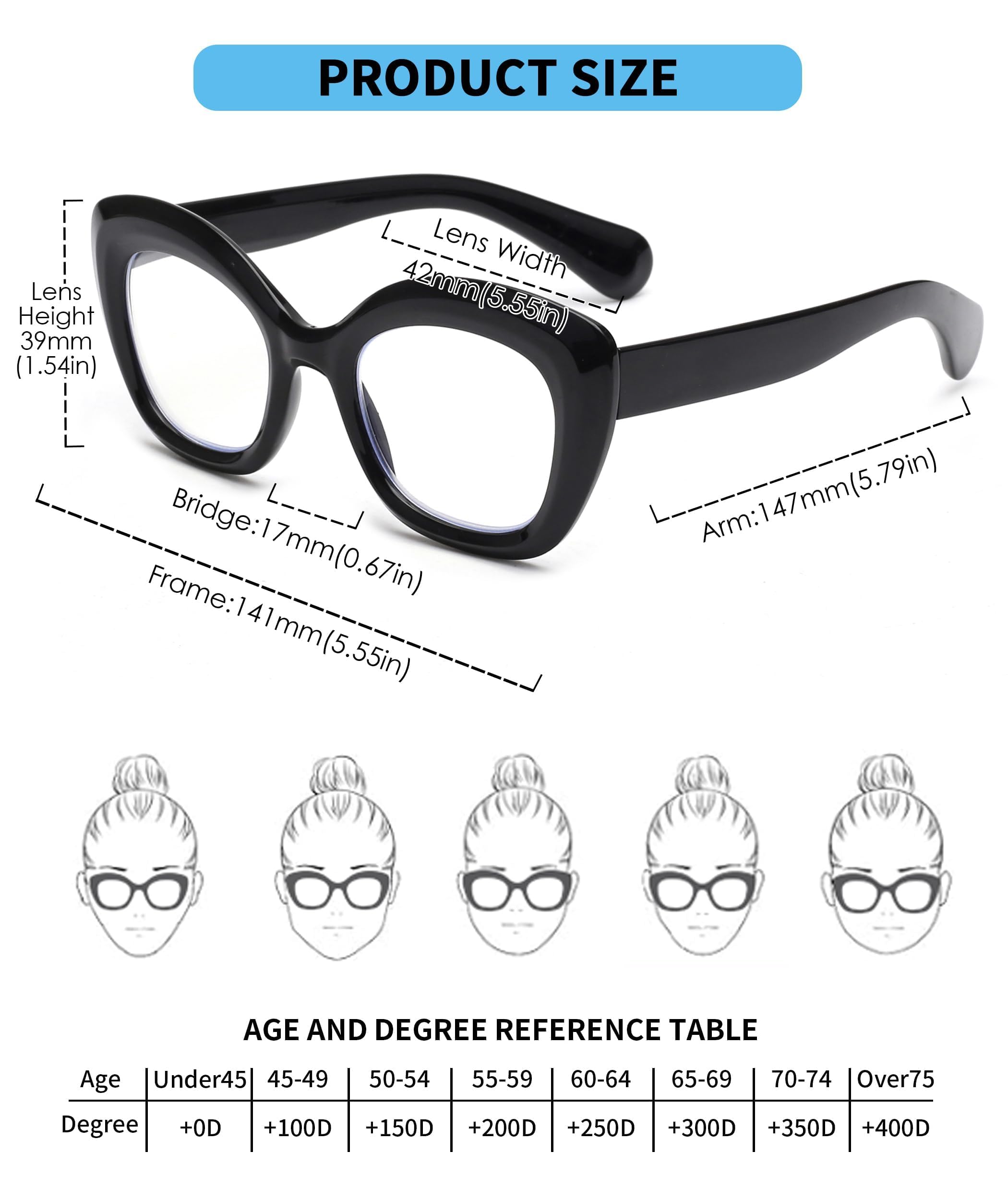 JM 3 Pack Oversized Cat Eye Reading Glasses for Women Funky Blue Light Flexible Cateye Readers +2.75