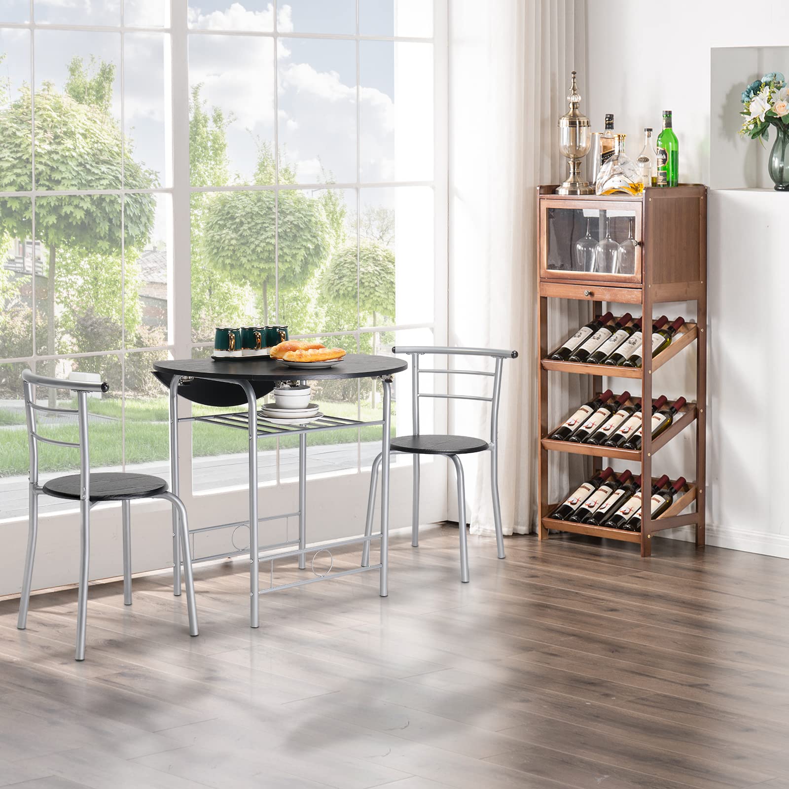 VINGLI 31.5" Drop Leaf Dining Table Set 3 Pieces for Small Space,Small Kitchen Table Set for 2,Round Folding Dining Table with 2 Chairs for Home,Kitchen,Apartment,Silver&Black