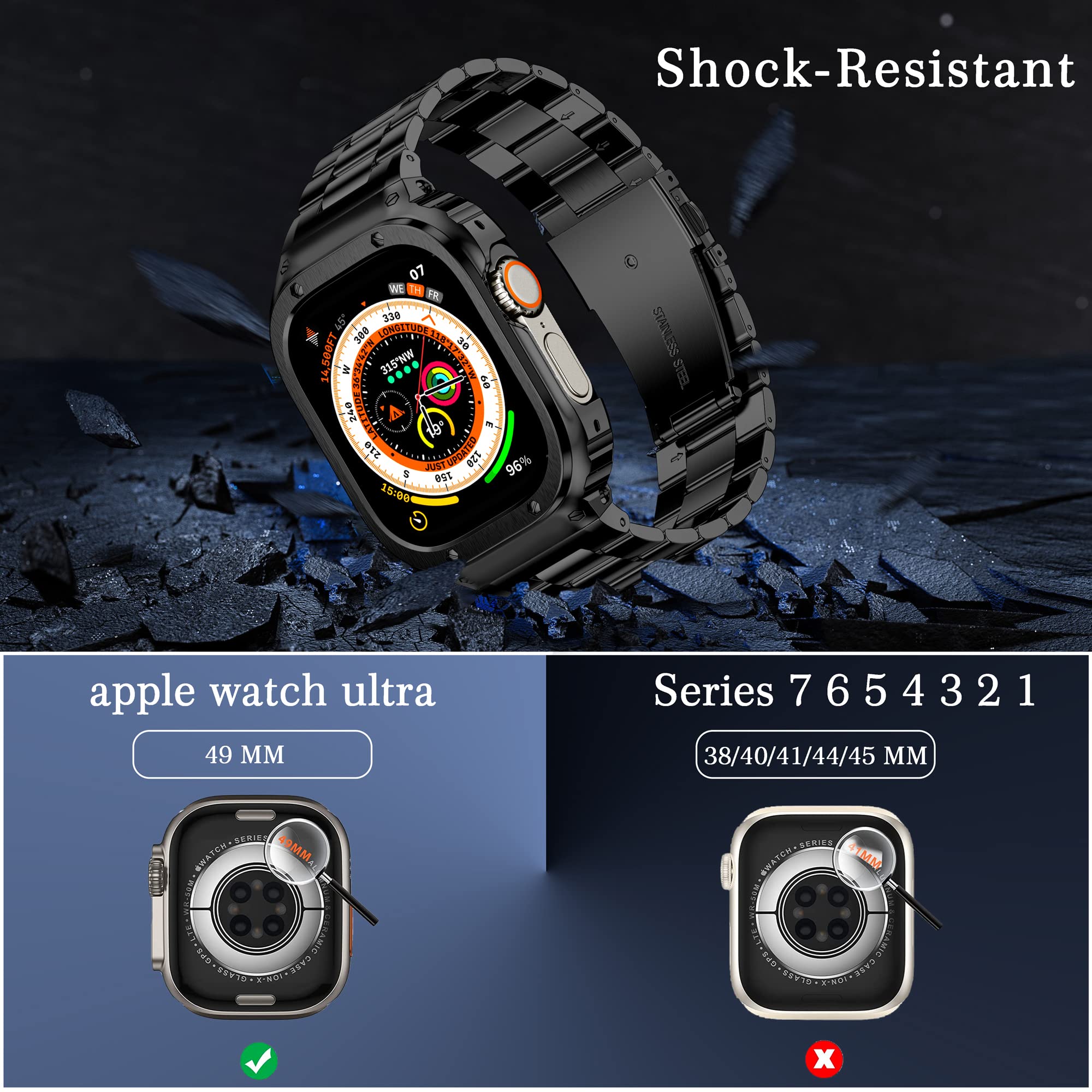 HASLFM Stainless Steel Apple Watch Band with Case Compatible with Apple Watch Ultra/Ultra 2(49mm),Metal iWatch Band and Protective Bumper Cover, Rugged Replacement Strap for Men 2023,Black