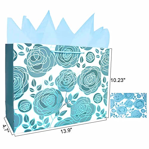 Rose Blue Large Gift Bag with Gift Card, Blue Tissue Paper, Envelope, and Sticker, for Parties, Birthdays, Mother's Day, Weddings, Retirements, Anniversaries, Any Occasion-Hot Stamping Blue Design