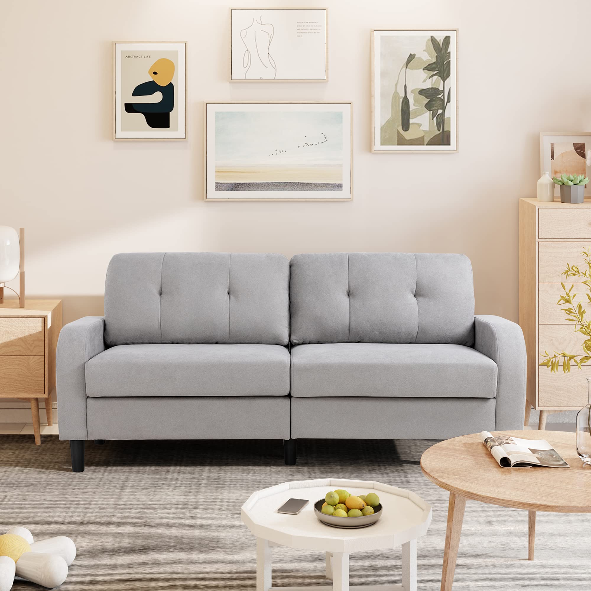 Vongrasig 73" Small Modern Loveseat Sofa Couch, Mid-Century Fabric Low Back 2-Seat Sofa Couch Tufted Love Seat for Living Room, Bedroom, Office, Apartment, Dorm, Studio and Small Space (Light Grey)