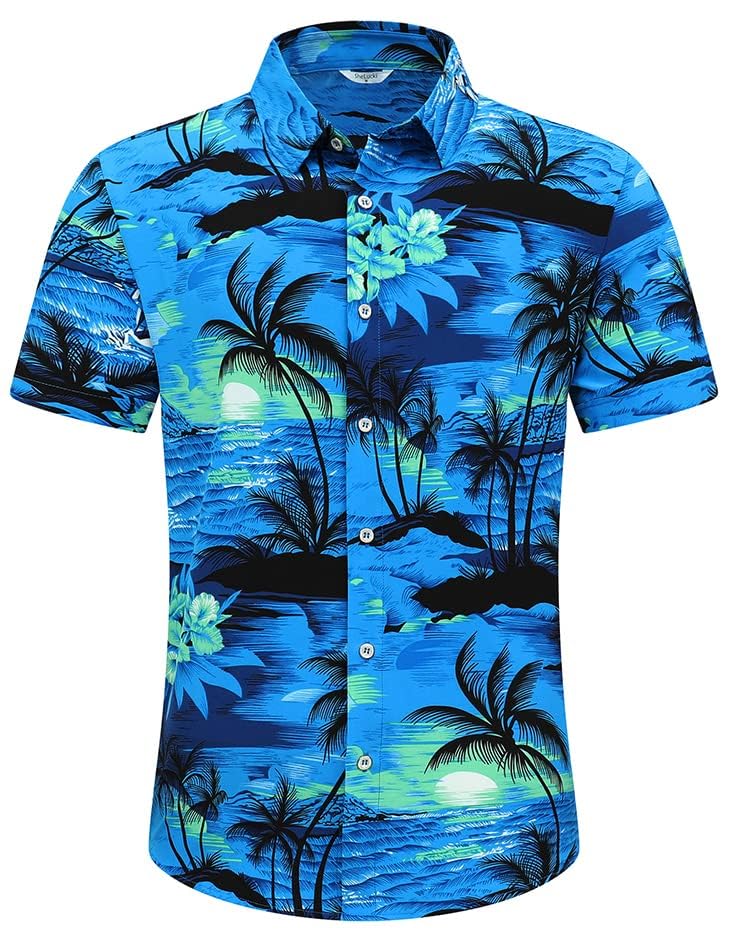 SheLucki Hawaiian Shirt for Men, Unisex Summer Beach Casual Short Sleeve Button Down Shirts, Printed Palmshadow Clothing Palm Tree Blue M