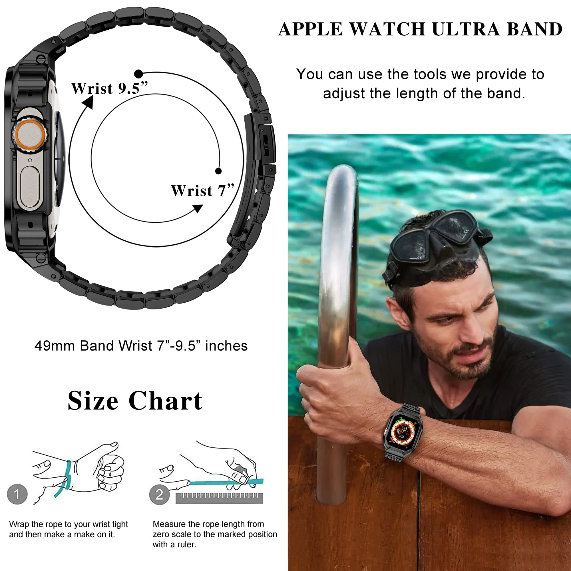 HASLFM Stainless Steel Apple Watch Band with Case Compatible with Apple Watch Ultra/Ultra 2(49mm),Metal iWatch Band and Protective Bumper Cover, Rugged Replacement Strap for Men 2023,Black