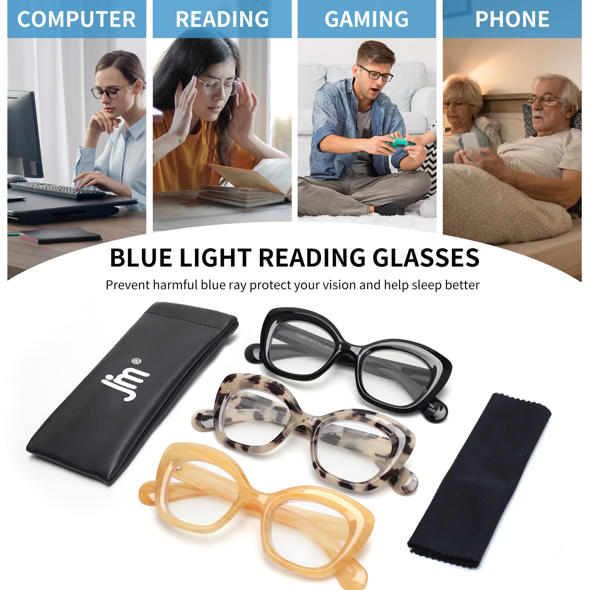 JM 3 Pack Oversized Cat Eye Reading Glasses for Women Funky Blue Light Flexible Cateye Readers +2.75
