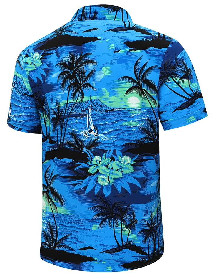 SheLucki Hawaiian Shirt for Men, Unisex Summer Beach Casual Short Sleeve Button Down Shirts, Printed Palmshadow Clothing Palm Tree Blue M