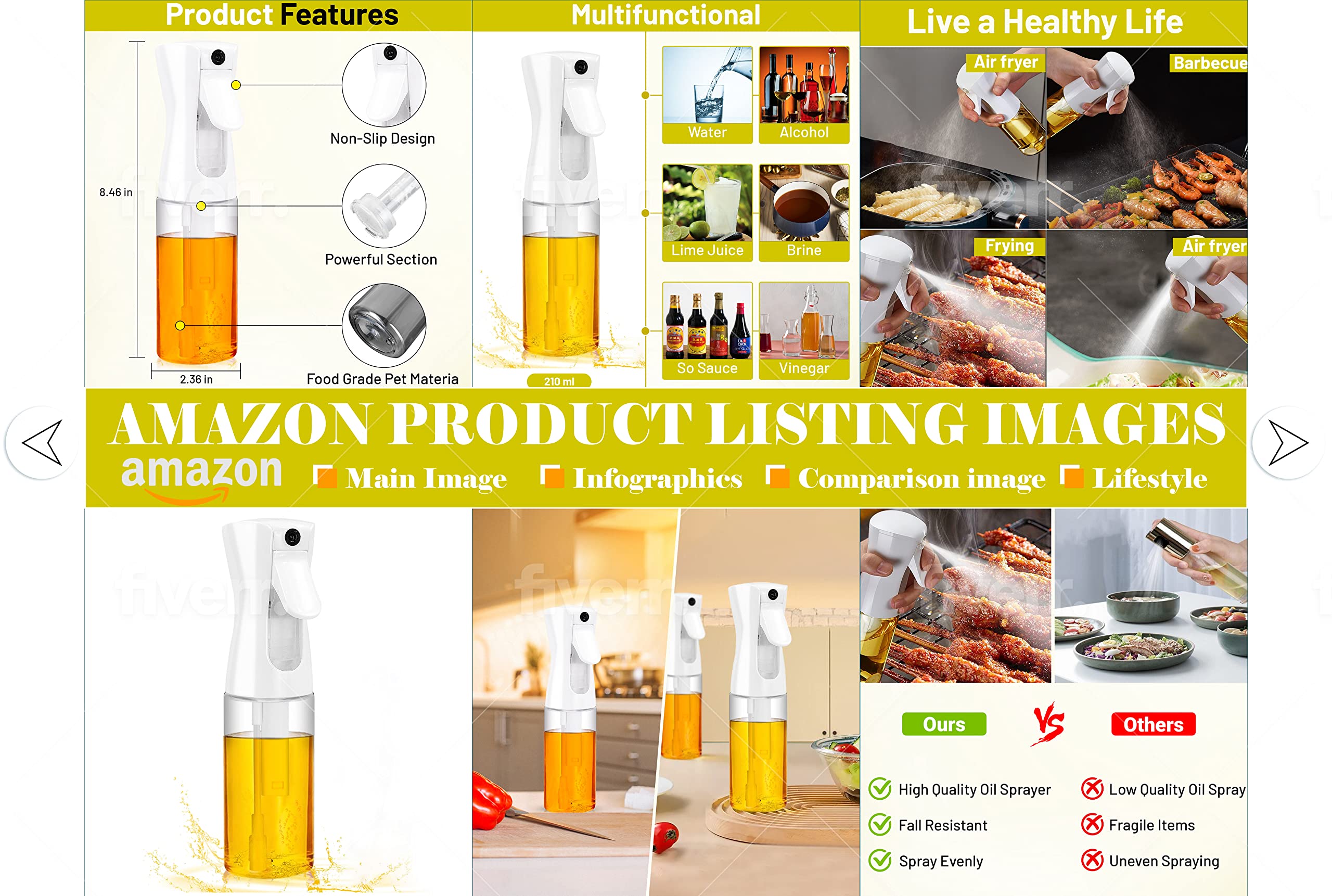 Oil Sprayer Glass Bottle for Cooking, 200ml, Reusable, Food Grade for Air Fryer, Salad, Baking, Frying, BBQ