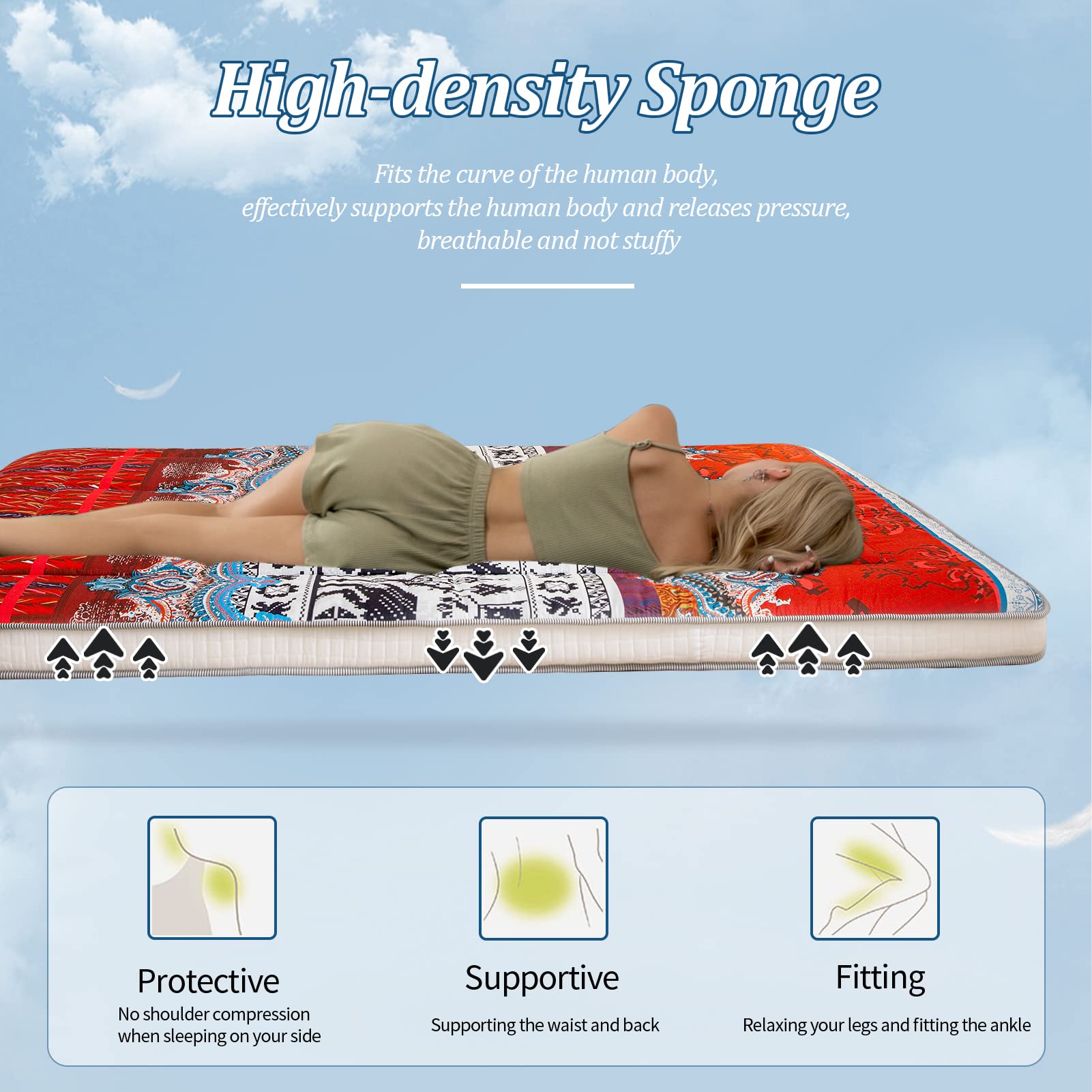 HIGOGOGO Japanese Floor Futon Mattress for Adults, Roll Up Sleeper Sofa Bed Mattress Replacement, Foldable Floor Bed Shikibuton Sleeping Pad, Pull Out Couch Mattress for Guest, Kids, Bohemian, Full
