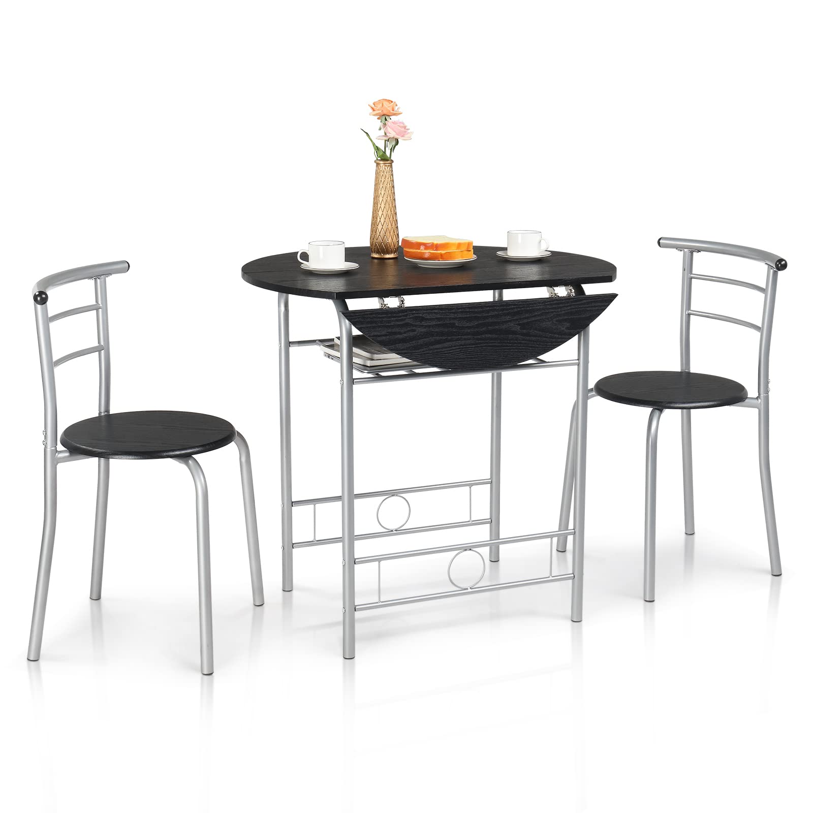 VINGLI 31.5" Drop Leaf Dining Table Set 3 Pieces for Small Space,Small Kitchen Table Set for 2,Round Folding Dining Table with 2 Chairs for Home,Kitchen,Apartment,Silver&Black