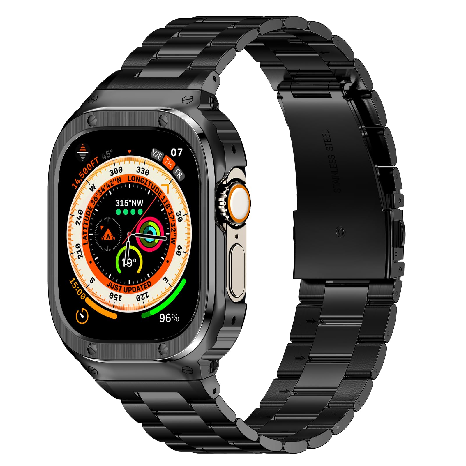 HASLFM Stainless Steel Apple Watch Band with Case Compatible with Apple Watch Ultra/Ultra 2(49mm),Metal iWatch Band and Protective Bumper Cover, Rugged Replacement Strap for Men 2023,Black
