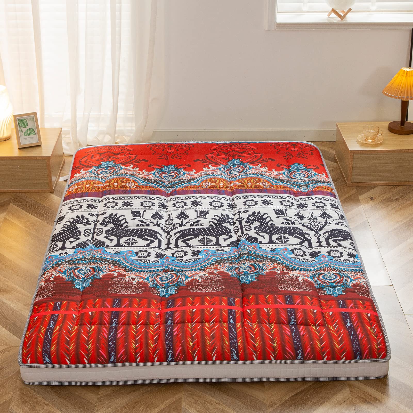 HIGOGOGO Japanese Floor Futon Mattress for Adults, Roll Up Sleeper Sofa Bed Mattress Replacement, Foldable Floor Bed Shikibuton Sleeping Pad, Pull Out Couch Mattress for Guest, Kids, Bohemian, Full