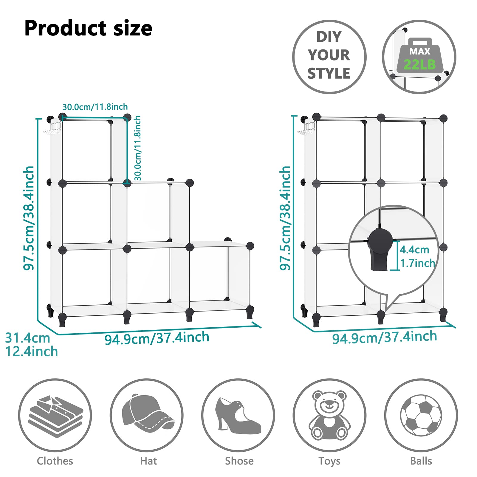 DINMO 6 Cubes Storage Organizer, Bookcase, Display Shelf with Wooden Mallet, Cabinet Storage for Kids, Adult, Office, Bedroom, Bathroom, White