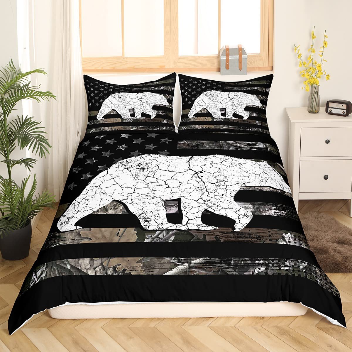Manfei Wild Bear Bedding Set Twin Size for Bedroom Decorative,Wildlife Animal Camo Rustic Style Duvet Cover,Black Stripes Branch American Flag Bedding Quilt Cover with 1 Pillow Cases(No Comforter)