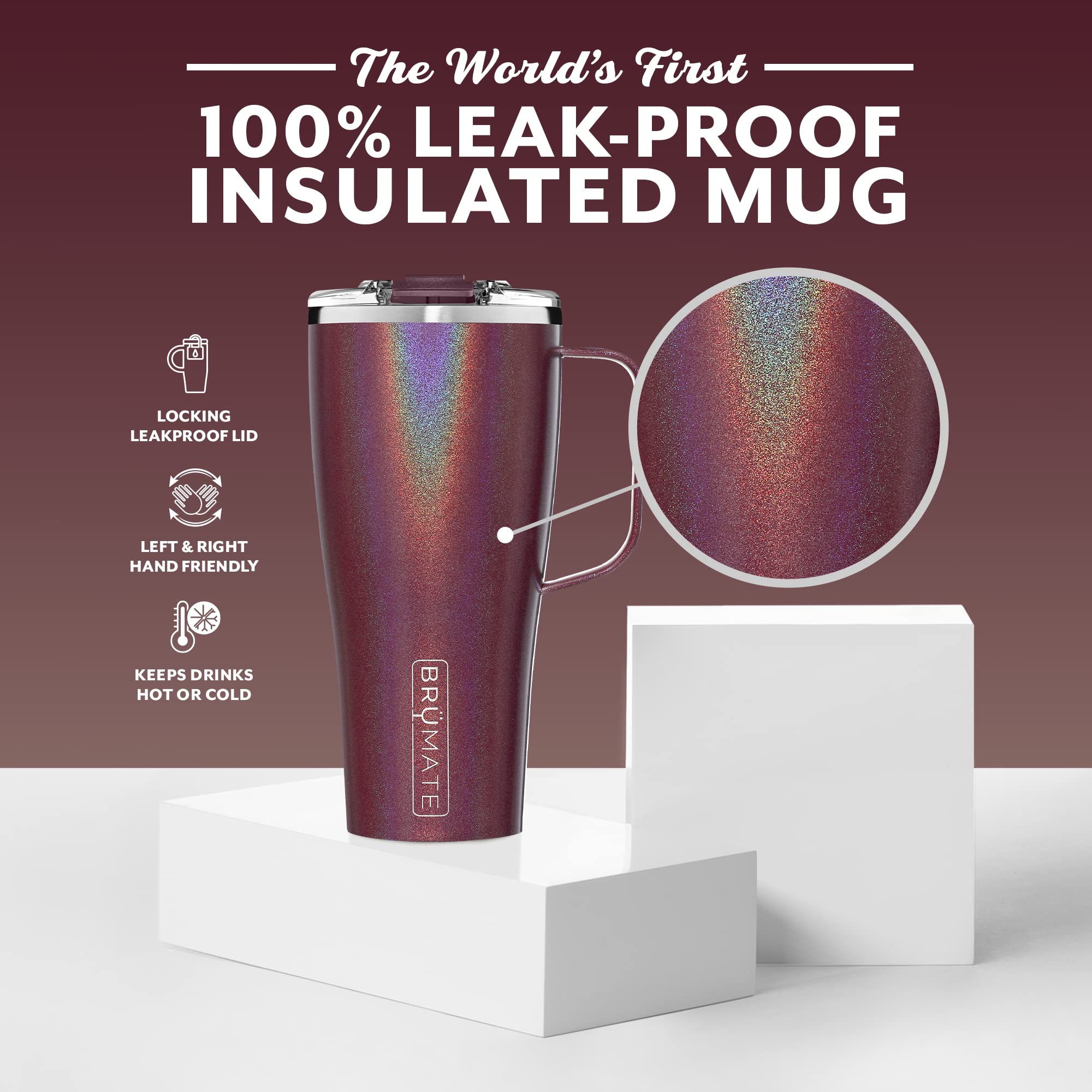 BrüMate Toddy XL - 32oz 100% Leak Proof Insulated Coffee Mug with Handle & Lid - Stainless Steel Coffee Travel Mug - Double Walled Coffee Cup (Glitter Merlot)