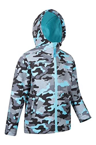 Mountain Warehouse Exodus Kids Softshell Jacket With Hood - Girls Boys Coat Blue Camo 11-12 Years