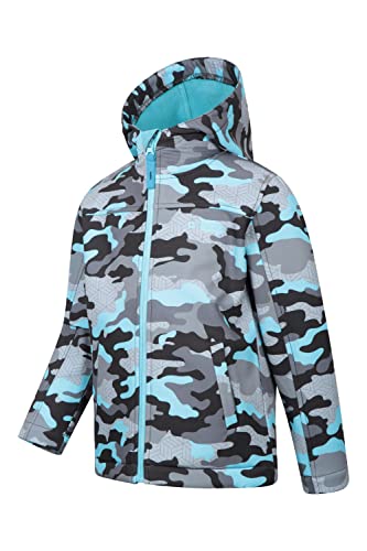 Mountain Warehouse Exodus Kids Softshell Jacket With Hood - Girls Boys Coat Blue Camo 11-12 Years