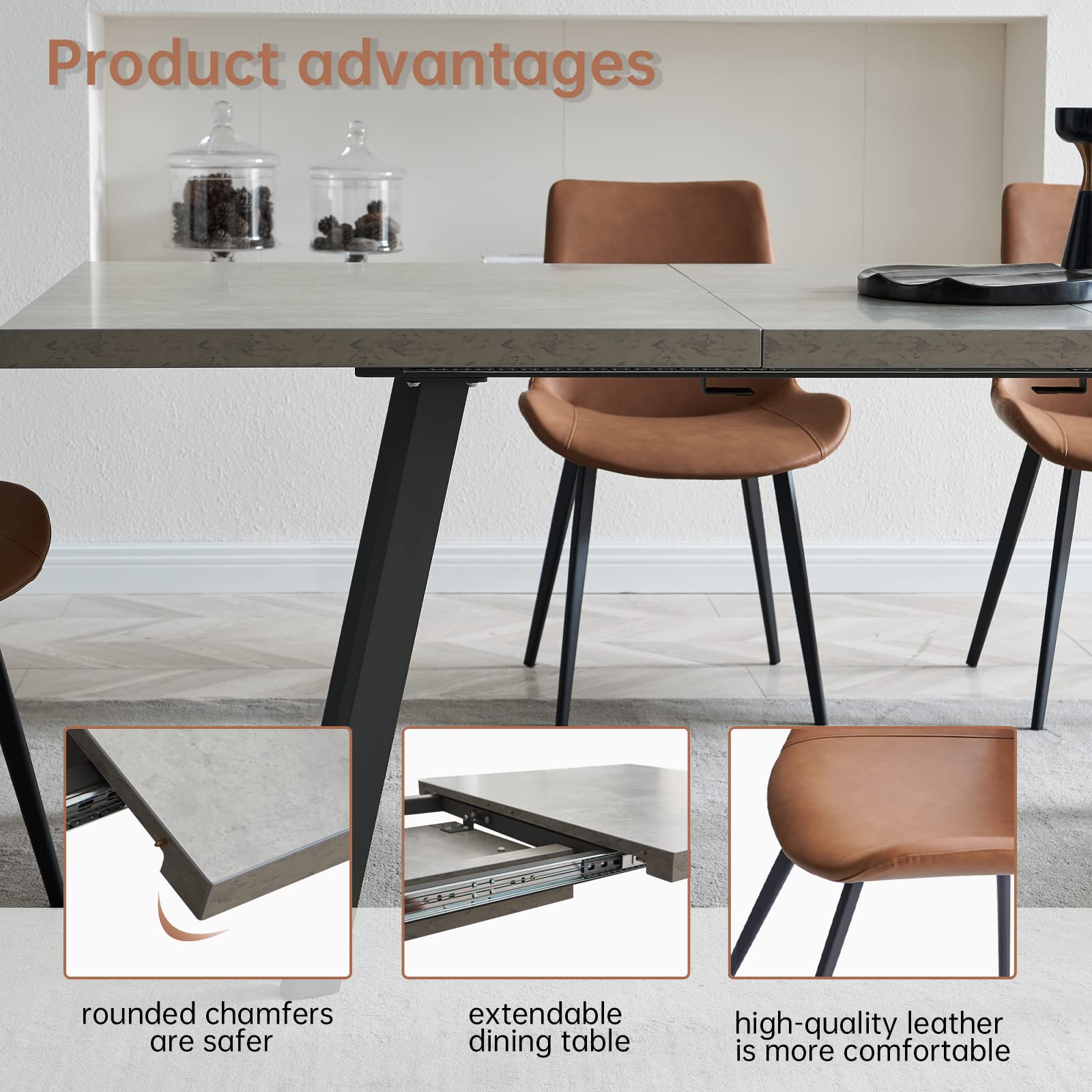 Zerifevni 62.9inches Dining Table Mid-Century Kitchen Table Set for Dining Room, Steel Legs (1 Table) 7244-GREY