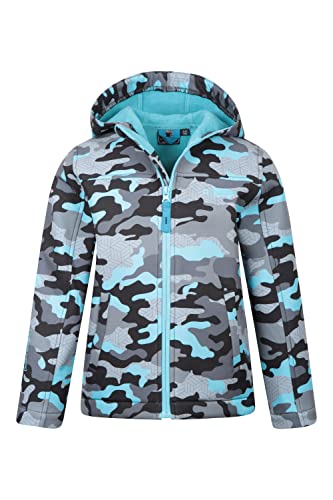 Mountain Warehouse Exodus Kids Softshell Jacket With Hood - Girls Boys Coat Blue Camo 11-12 Years