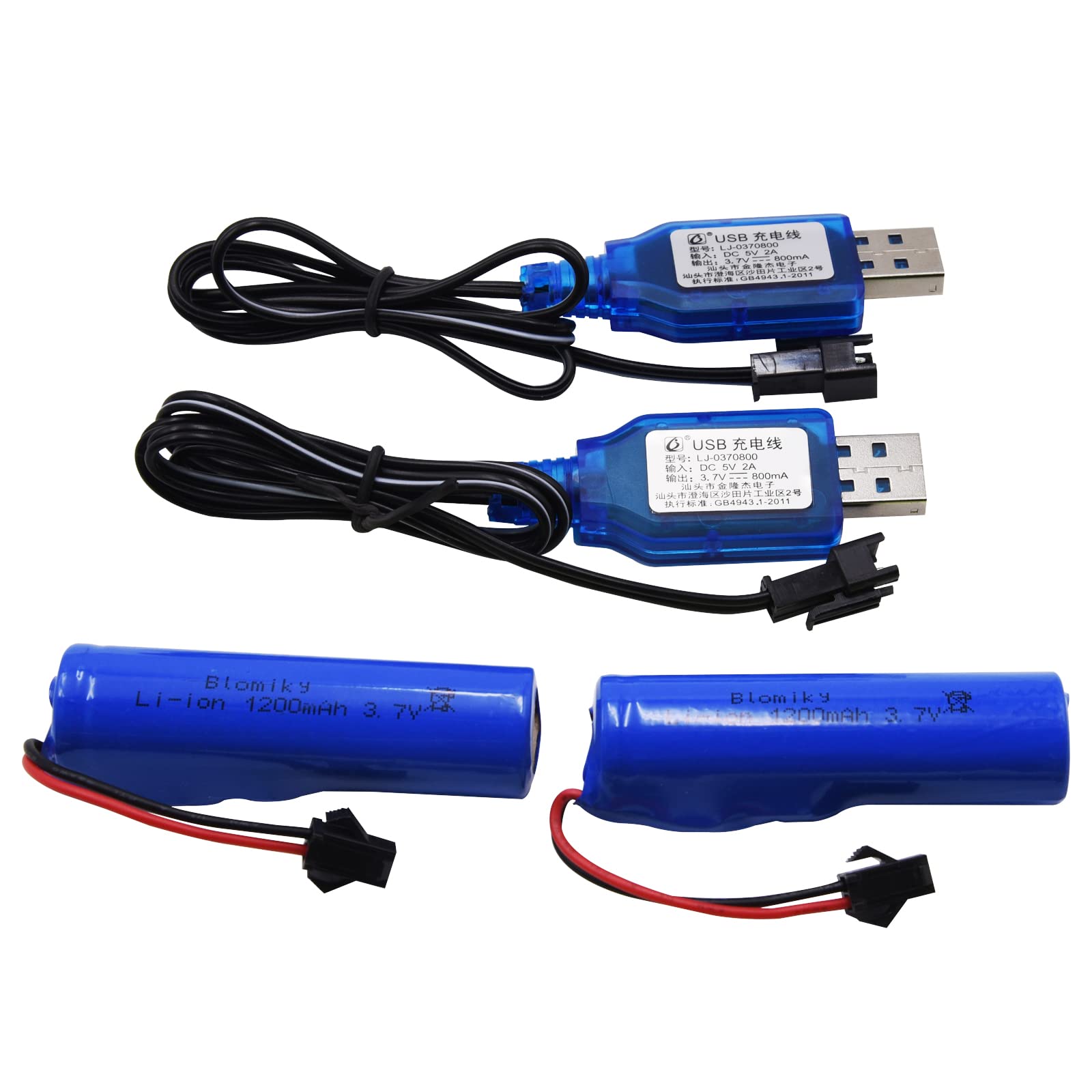 Blomiky 3.7V 1200mAh 2 Pack Li-ion Rechargeable Battery with SM2P Plug and Charger Cable for Remote Control Cars Trucks 3.7V 1200mAh 2