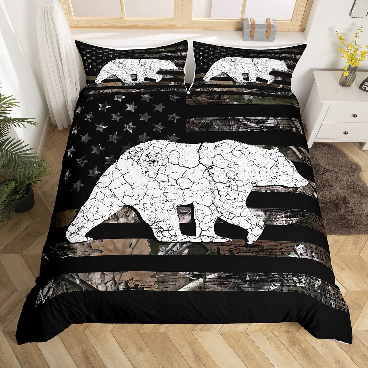 Manfei Wild Bear Bedding Set Twin Size for Bedroom Decorative,Wildlife Animal Camo Rustic Style Duvet Cover,Black Stripes Branch American Flag Bedding Quilt Cover with 1 Pillow Cases(No Comforter)