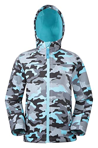 Mountain Warehouse Exodus Kids Softshell Jacket With Hood - Girls Boys Coat Blue Camo 11-12 Years