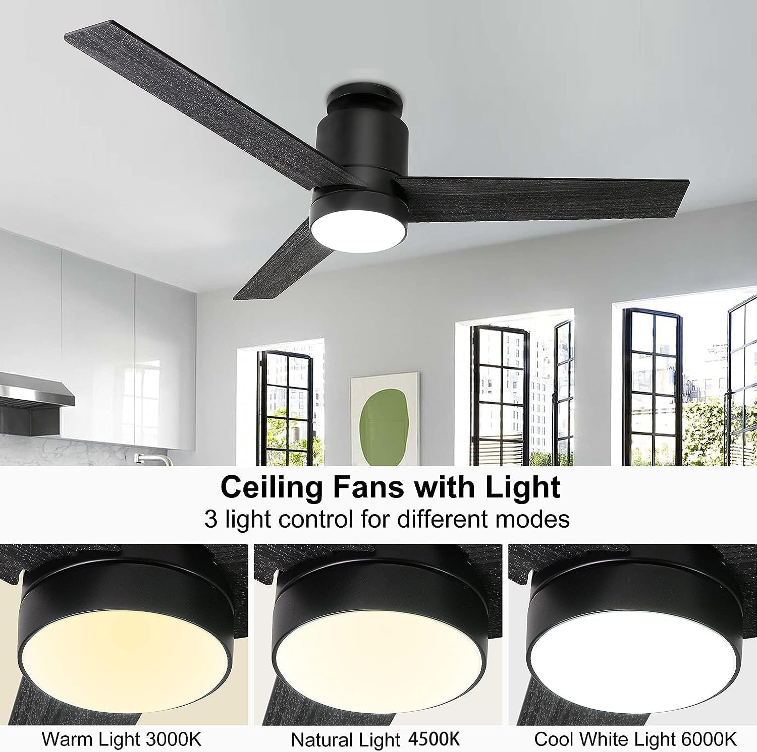 Flybull Ceiling Fans with Lights Flush Mount, 52 Inch Modern Black Ceiling Fan with Light and Remote Control - 3 Wood Blades LED Ceiling Fan Low Profile Ceiling Fan Light