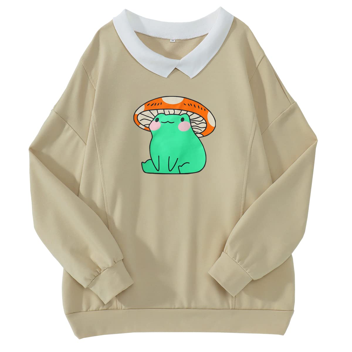 IZYJOY Women Frog Mushroom Graphic Sweatshirt Long Sleeve Loose Aesthetic Tees Pullover Teen Girls Kawaii Lightweight Shirts Top(Beige,M)