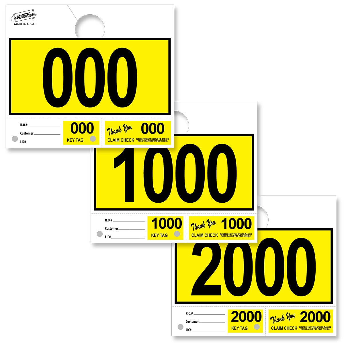 3000 Automotive 3 Part Service Dispatch Numbers Mirror Hang Tags Numbered 000, 1000, 2000 RL78 Style Color Coded Yellow Service Dispatch Numbers with 1.25ā Slotted Hang Tag Cutout