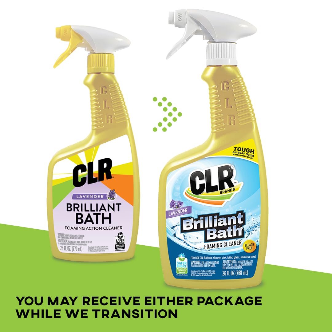 CLR Brilliant Bath Foaming Action Bathroom Cleaner Spray - For Use on Toilets, Baths, Showers, Sinks, Glass, Stainless Steel - Lavender Scent, 26 Ounce Bottle (Pack of 2)
