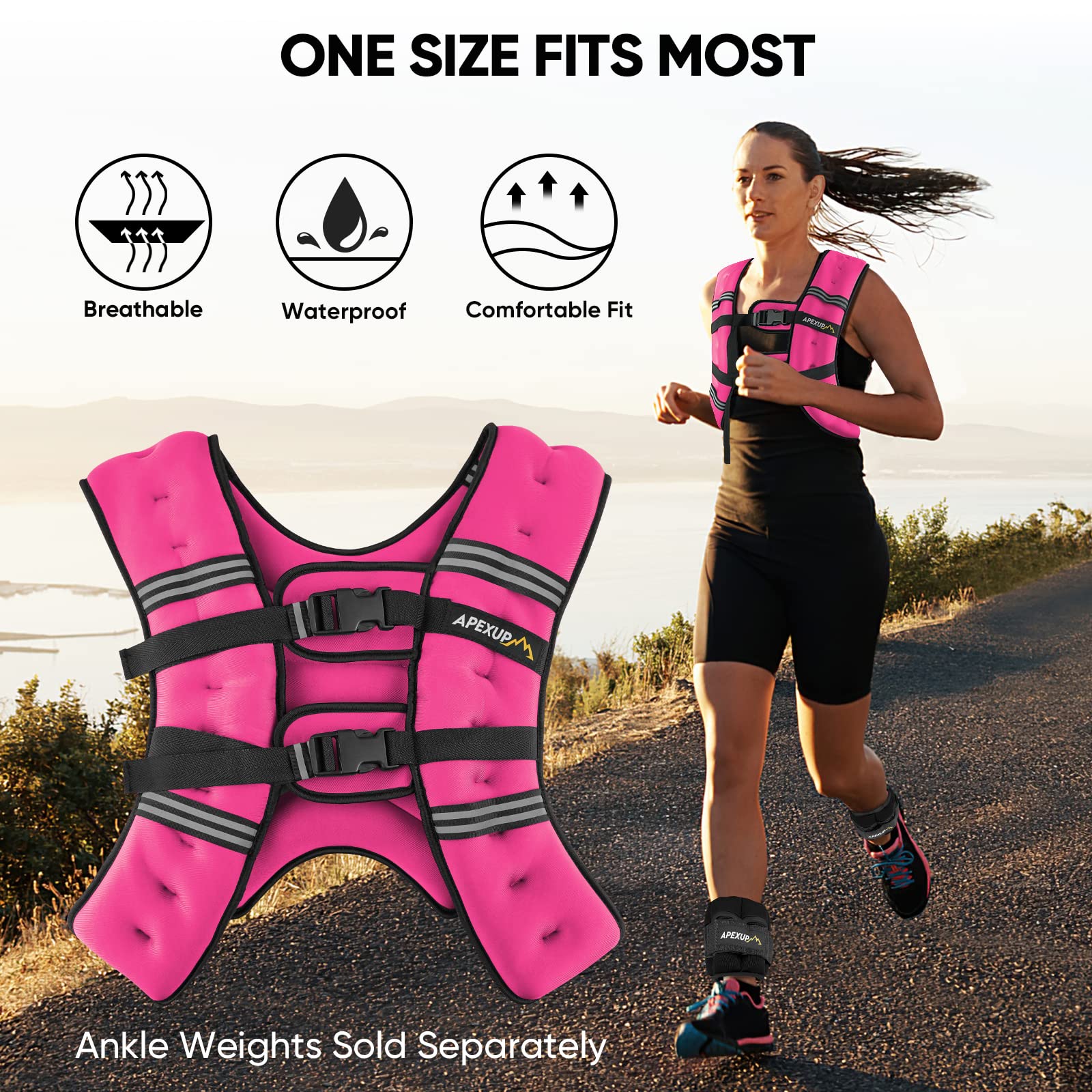 APEXUP Weighted Vest with 5lbs/10lbs/15lbs/20lbs/25lbs/30lbs Weights and Reflective Stripe, Weight Vest Men Women for Workout, Strength Training, Running (Pink, 30lbs)