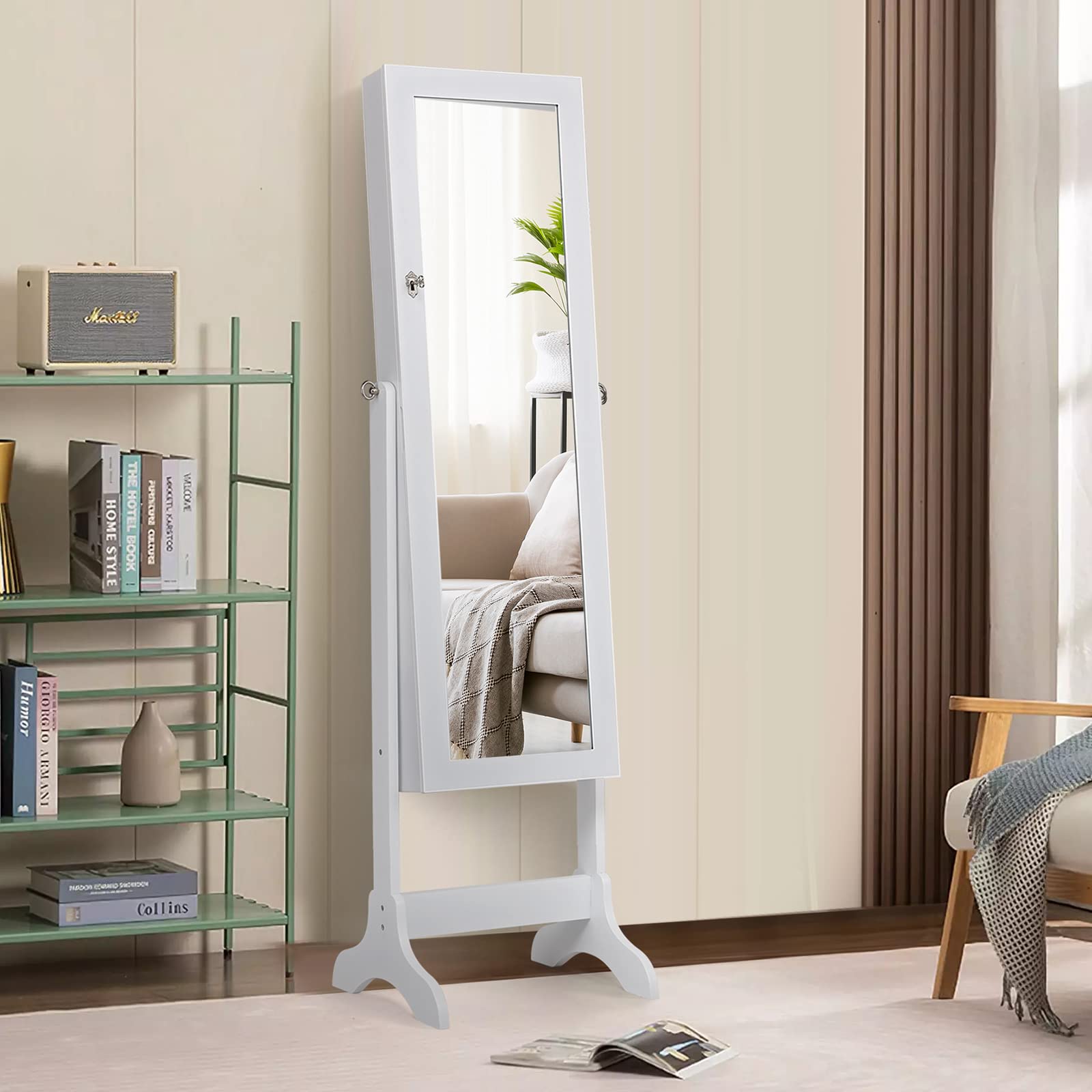 COSTWAY Standing Jewelry Armoire Cabinet, 4-Angle Tilting Jewelry Organizer with Full-length Mirror and Large Storage Capacity, Lockable Jewelry Cabinet for Bedroom, Dressing Room (White)