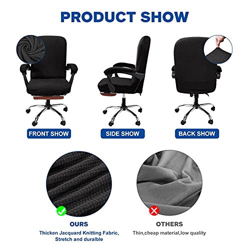 NeColorLife Office Chair Cover with Armrest Covers Stretchable Desk Chair Cover Thick Checked Jacquard High Back Office Seat Cover for Universal Rotating Chair (Large Size,Black)