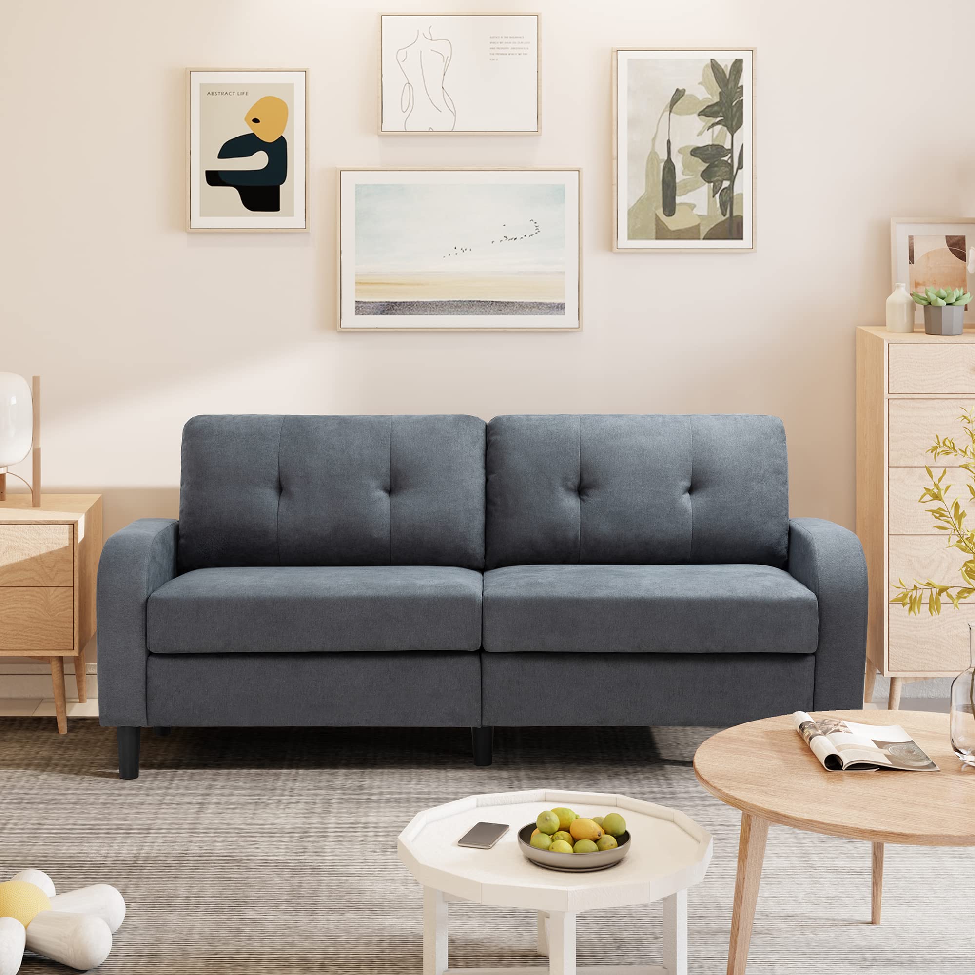 Vongrasig 73" Small Modern Loveseat Sofa Couch, Mid-Century Fabric Low Back 2-Seat Sofa Couch Tufted Love Seat for Living Room, Bedroom, Office, Apartment, Dorm, Studio and Small Space (Grey)