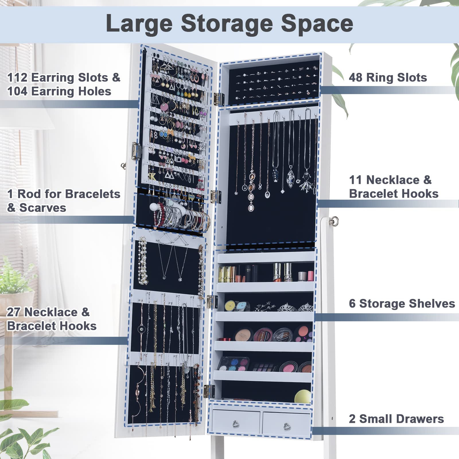 COSTWAY Standing Jewelry Armoire Cabinet, 4-Angle Tilting Jewelry Organizer with Full-length Mirror and Large Storage Capacity, Lockable Jewelry Cabinet for Bedroom, Dressing Room (White)