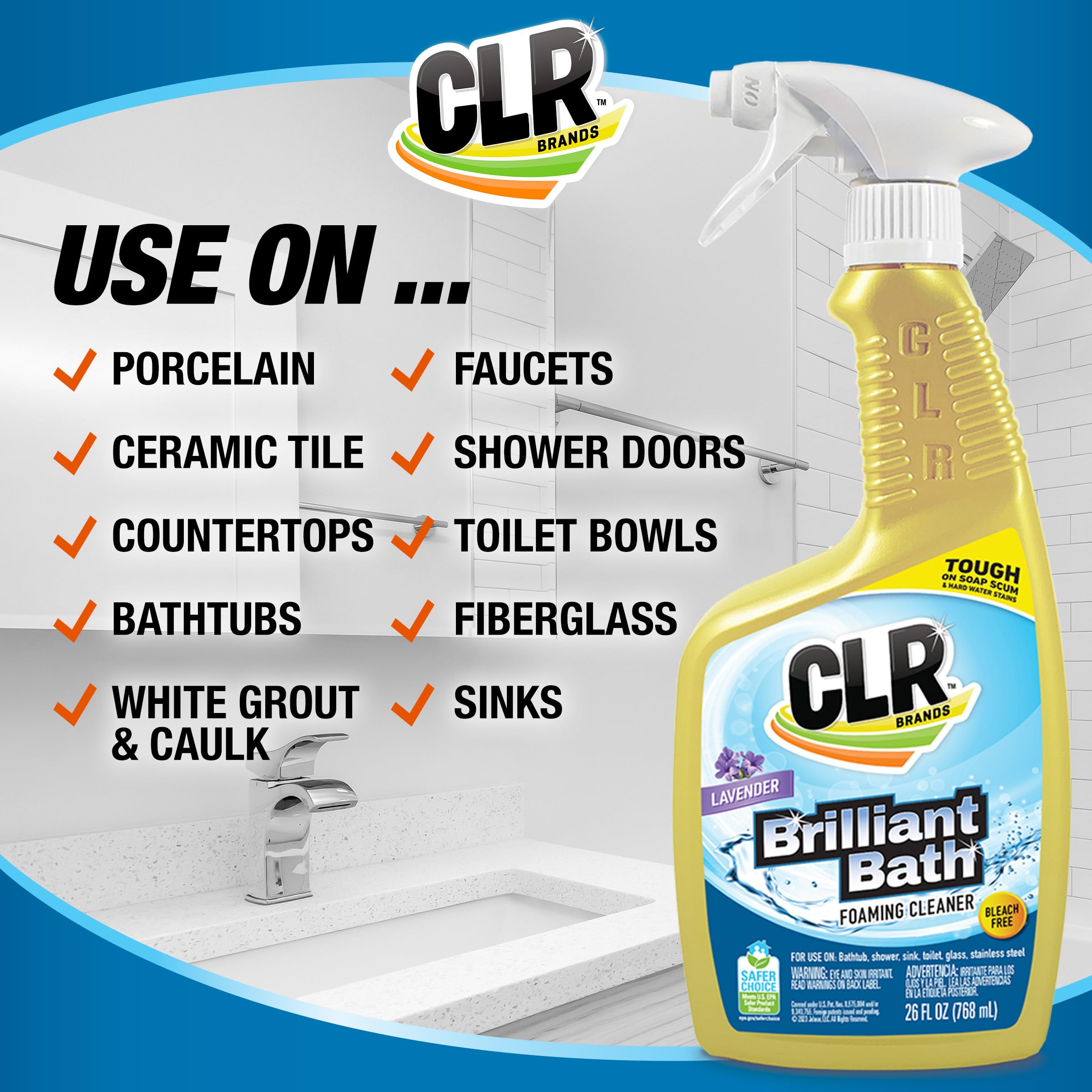 CLR Brilliant Bath Foaming Action Bathroom Cleaner Spray - For Use on Toilets, Baths, Showers, Sinks, Glass, Stainless Steel - Lavender Scent, 26 Ounce Bottle (Pack of 2)