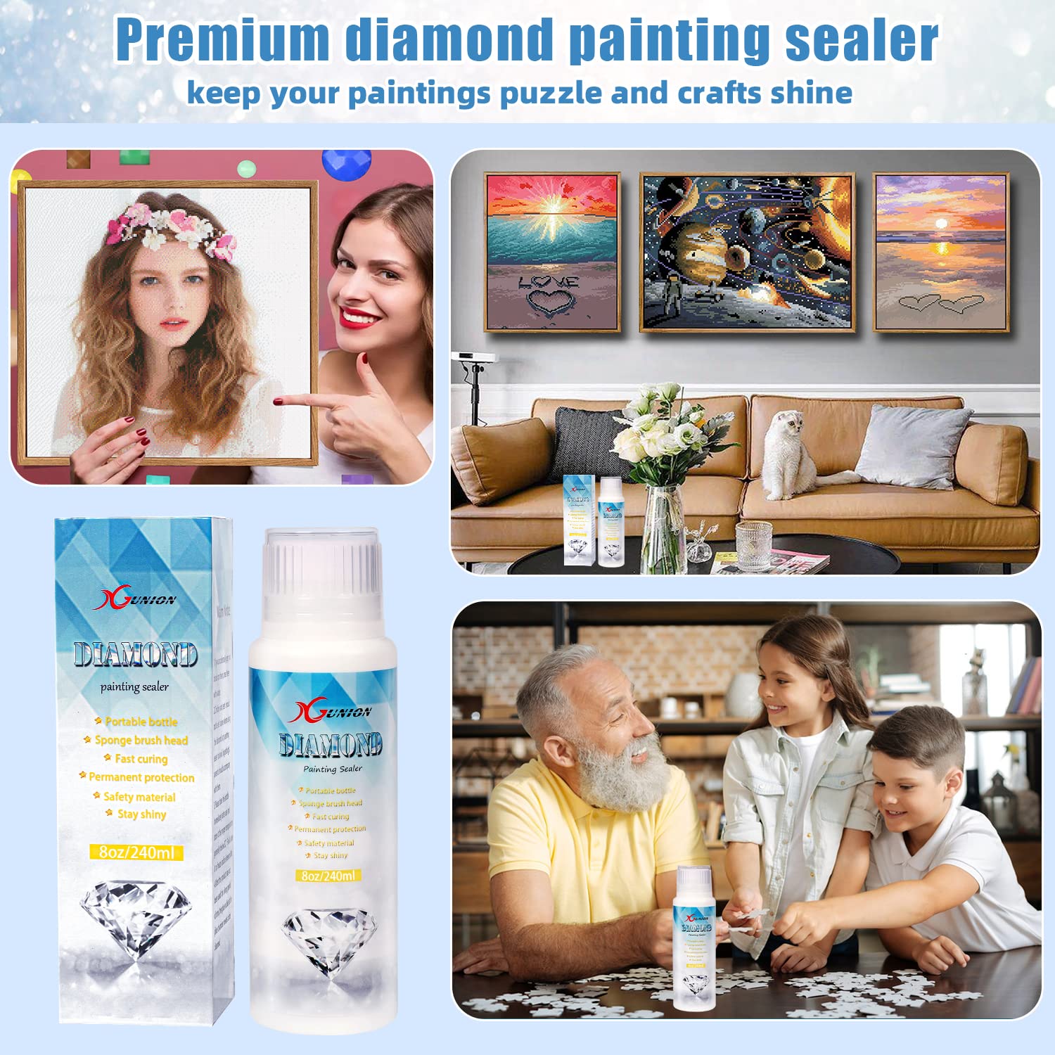 Diamond Painting Sealer 240ML Diamond Painting Glue with Spong Head 5D Diamond Painting Art Glue Sealer Accessories Permanent Hold & Shine Effect for Diamond Painting and Puzzles(8 OZ)