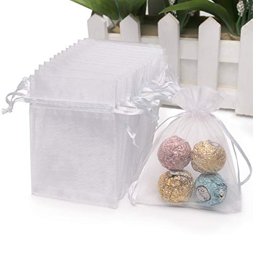 iminoo 50pcs Organza Drawstring Bags, Wedding Favor Bags with Drawstring Premium Jewelry Pouches Party Festival Gift Bags Candy Bags (White, 3.15x3.9 in)