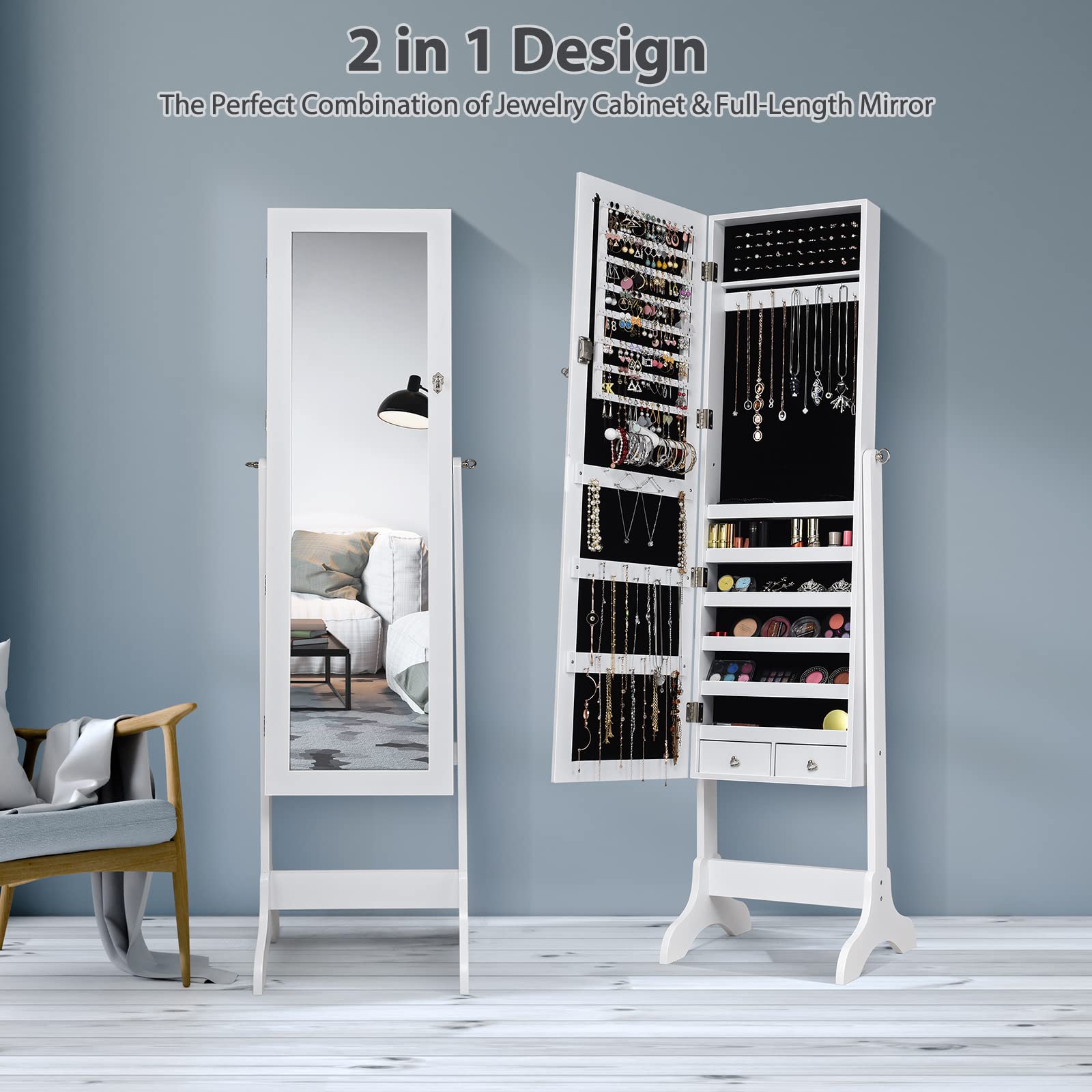 COSTWAY Standing Jewelry Armoire Cabinet, 4-Angle Tilting Jewelry Organizer with Full-length Mirror and Large Storage Capacity, Lockable Jewelry Cabinet for Bedroom, Dressing Room (White)