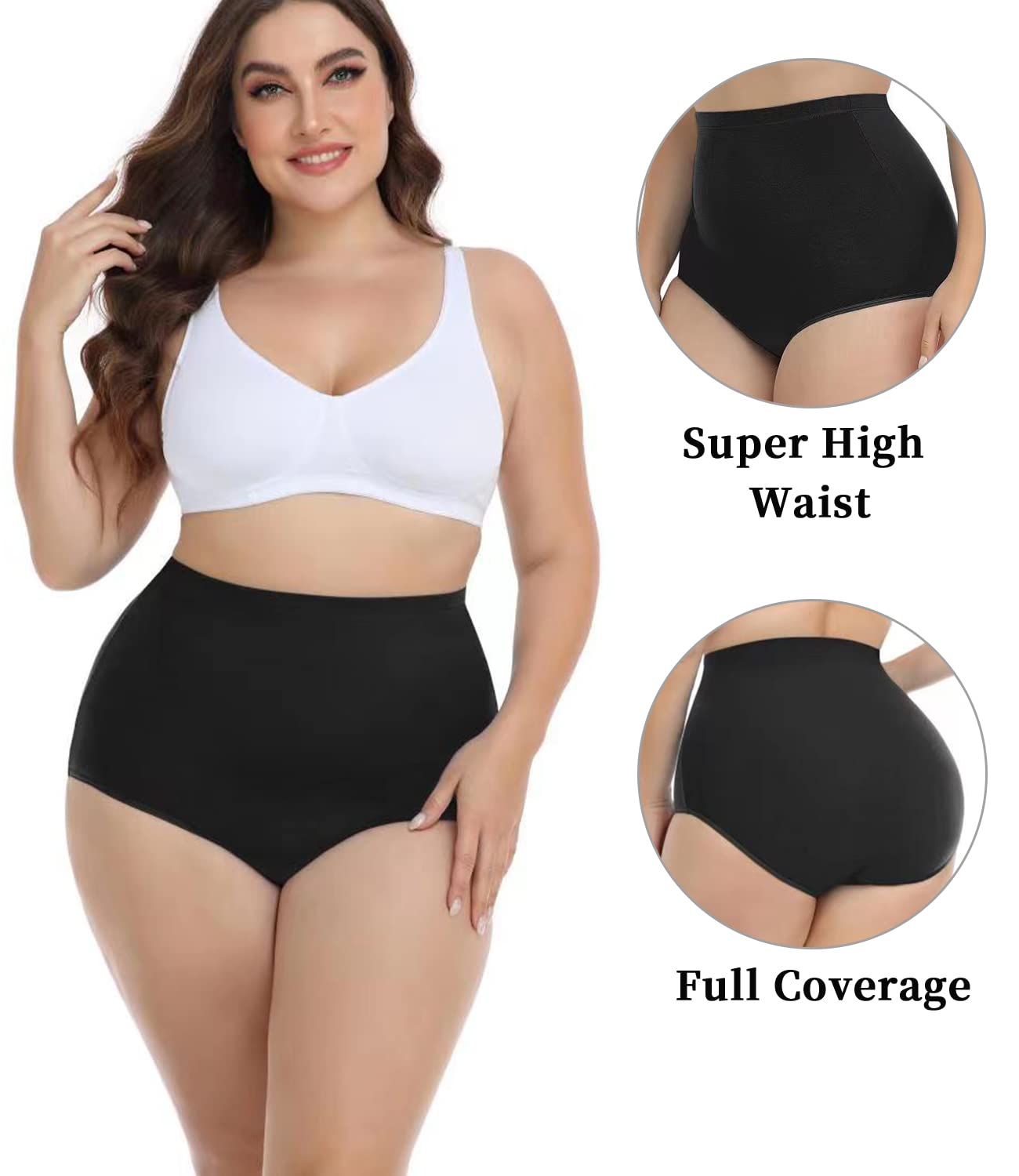 wirarpa Women's Underwear Cotton Super High Waisted Briefs Stretch Full Coverage Panties 4 Pack Black X-Large
