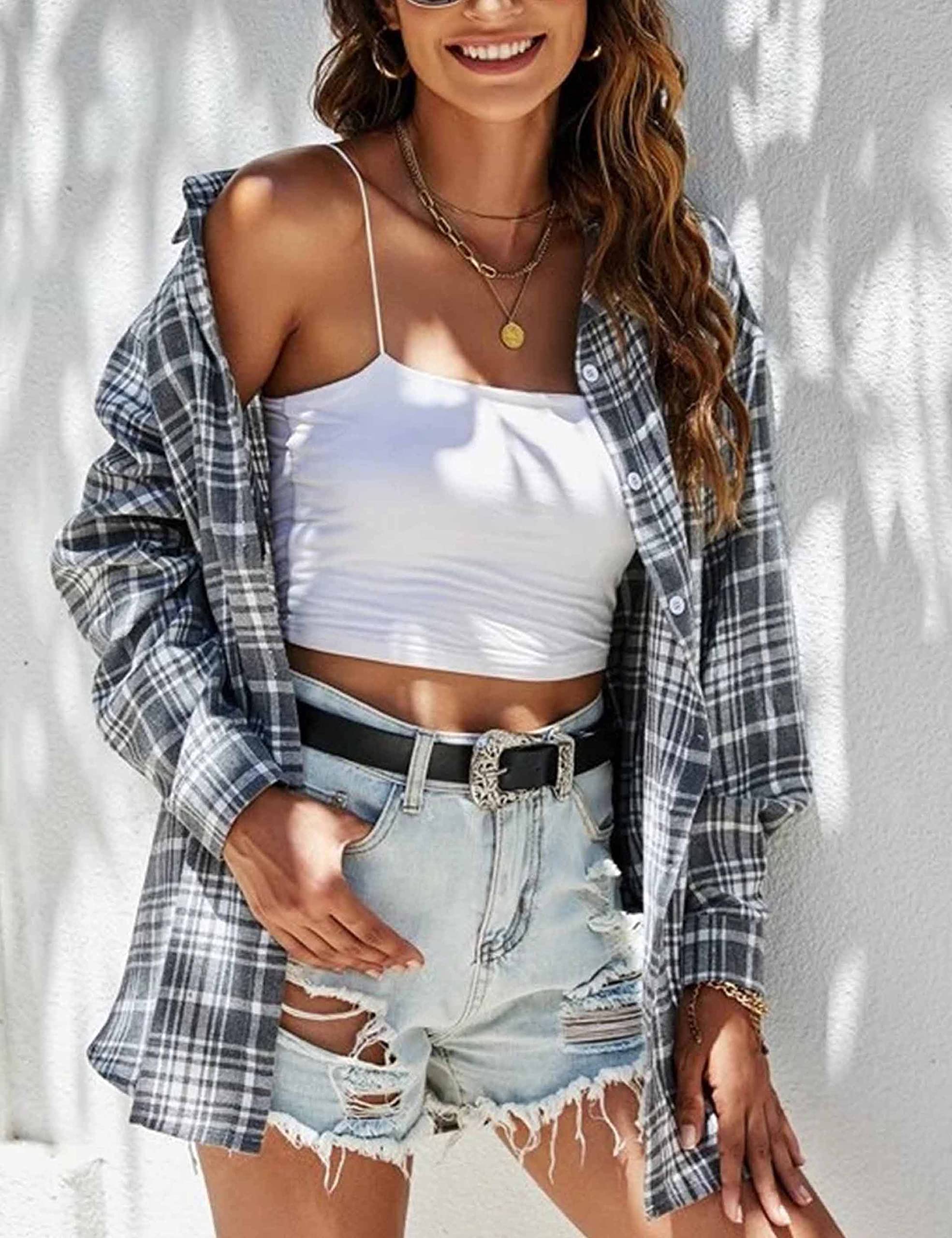 HangNiFang Flannel Plaid Shirts for Women Oversized Button Down Shirts Blouse(0768-Grey-XL)