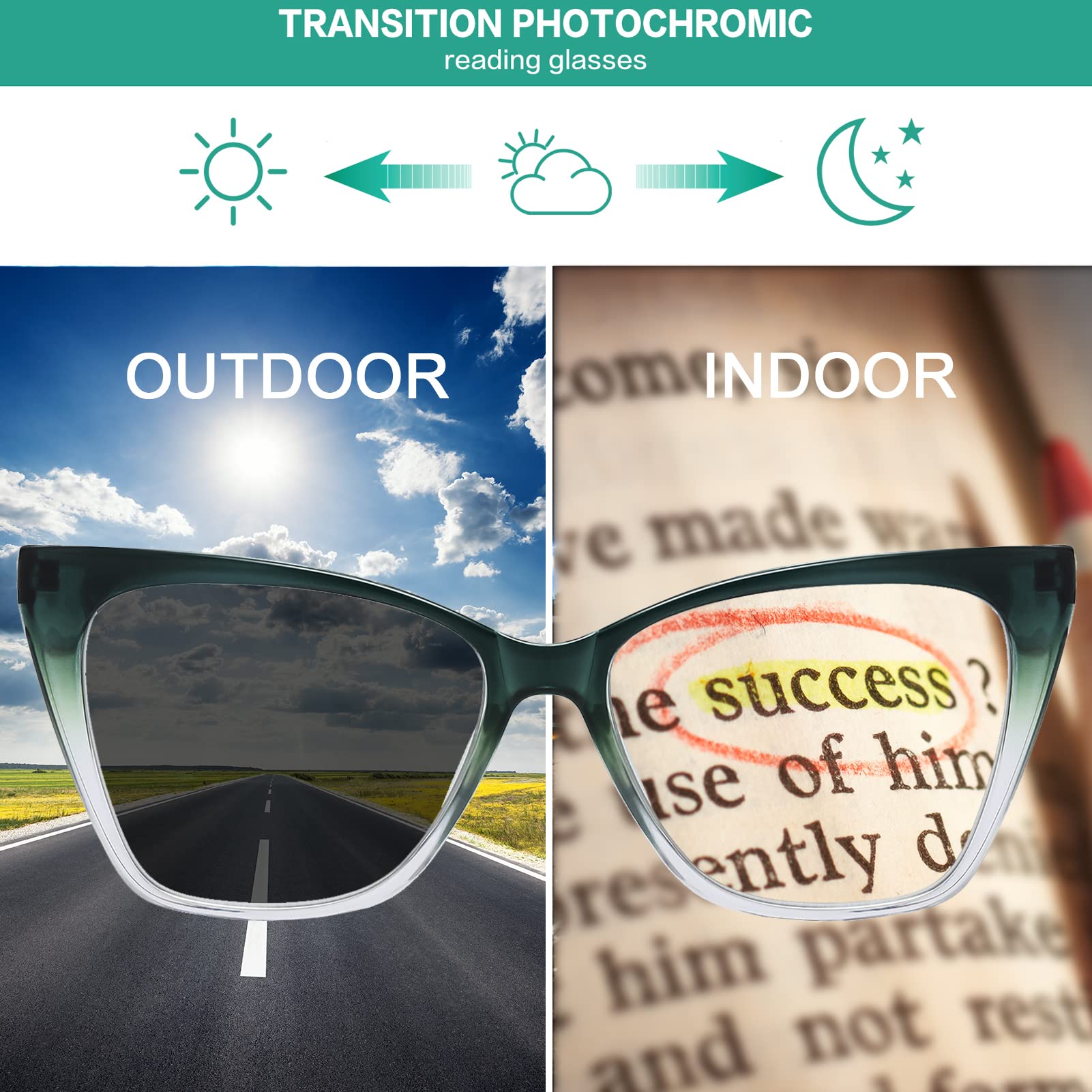 Oversized Reading Glasses Women Cat Eye Photochromic Computer Reader Stylish Ladies Designer Fashion Big Unbreakable Eyewear 2Pack Black & Dark Green +3.0x