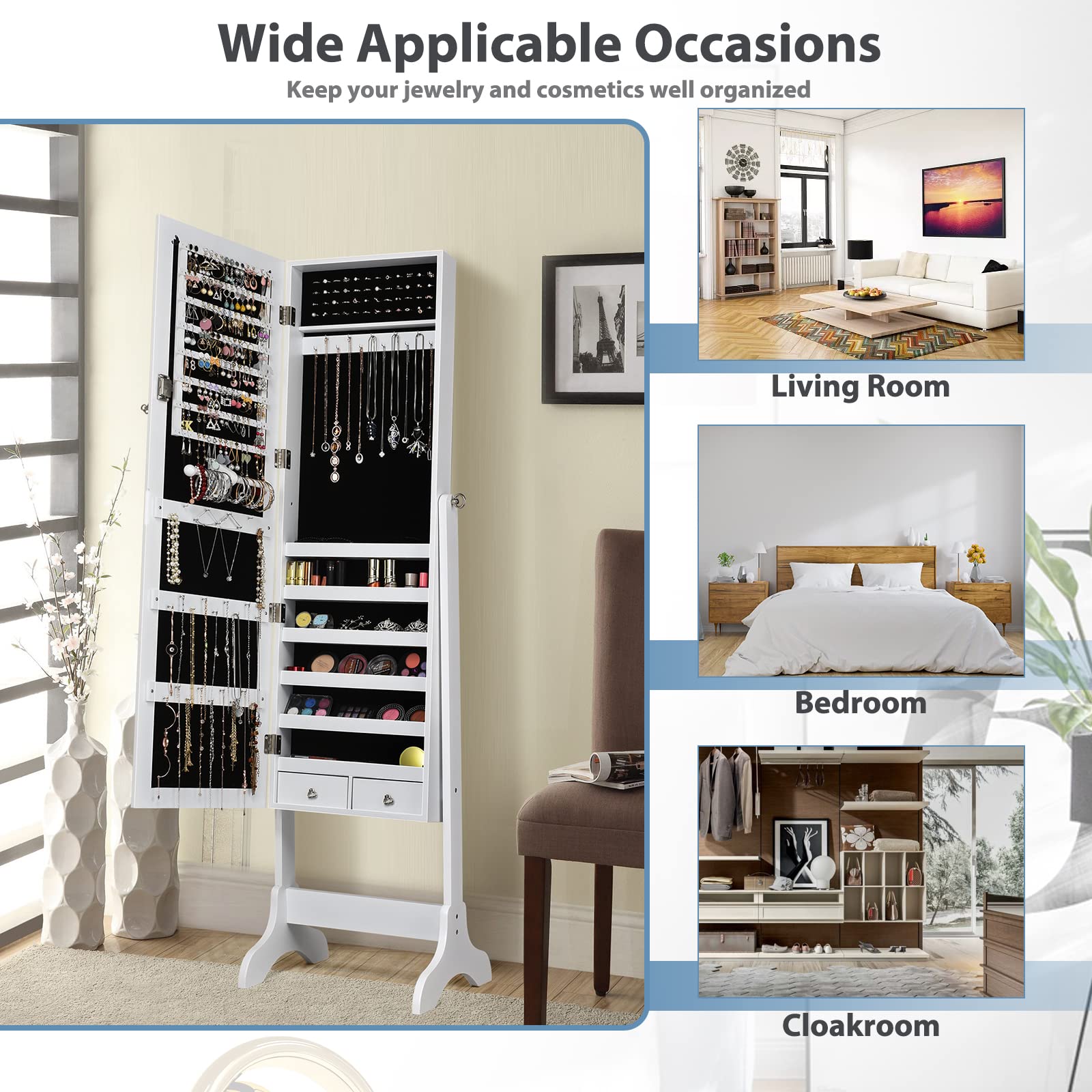 COSTWAY Standing Jewelry Armoire Cabinet, 4-Angle Tilting Jewelry Organizer with Full-length Mirror and Large Storage Capacity, Lockable Jewelry Cabinet for Bedroom, Dressing Room (White)
