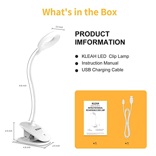 KLEAH Clip on Light for Bed & Desk, Reading in Bed, Dorm, Flexible Gooseneck, Battery Operated Rechargeable Clamp Lamp for Headboard, Eye-Caring LED Light with 3 Brightness Modes