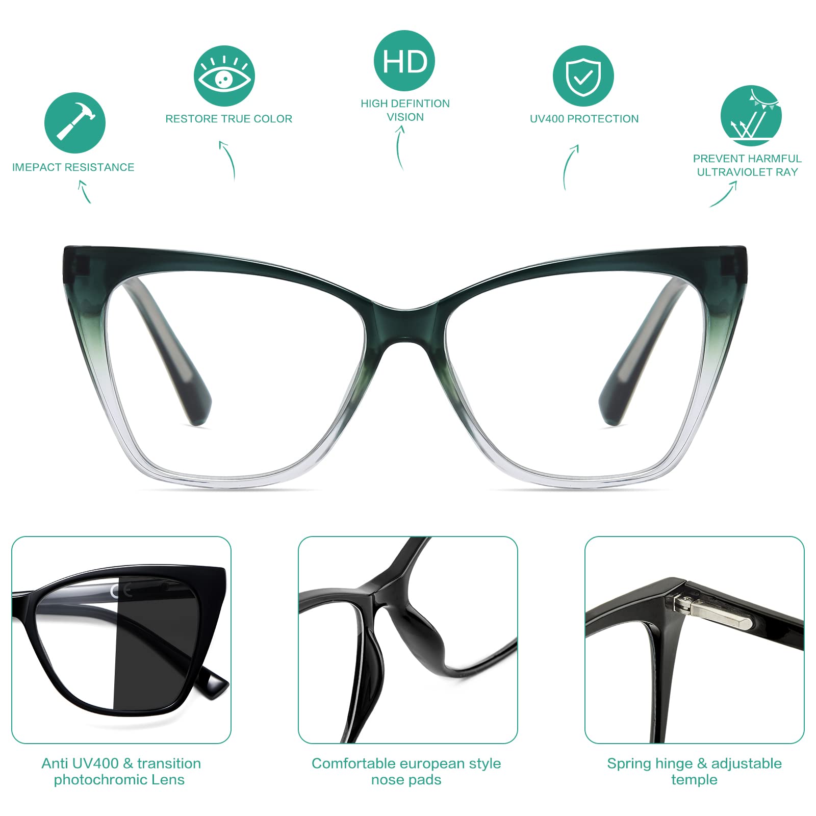 Oversized Reading Glasses Women Cat Eye Photochromic Computer Reader Stylish Ladies Designer Fashion Big Unbreakable Eyewear 2Pack Black & Dark Green +3.0x