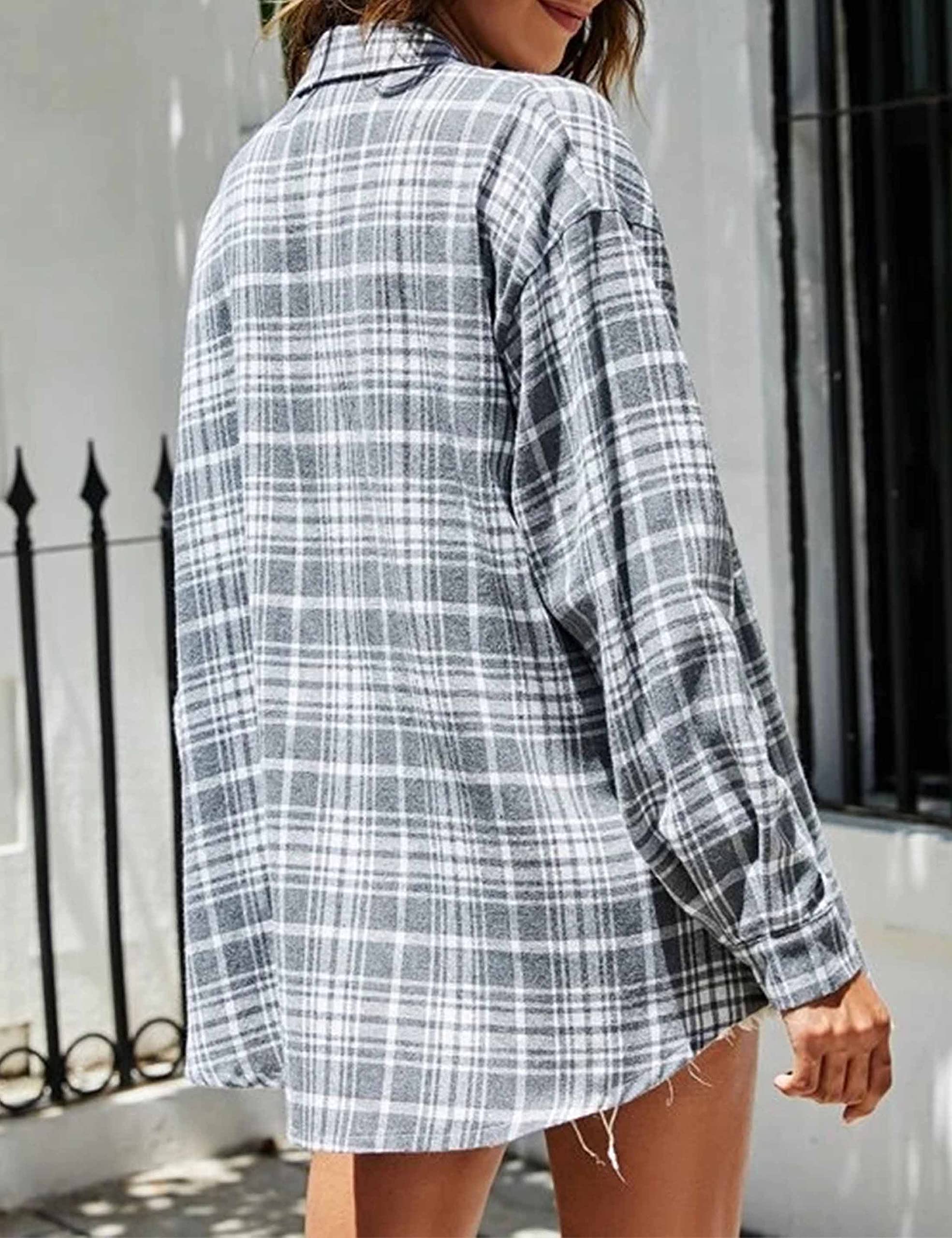 HangNiFang Flannel Plaid Shirts for Women Oversized Button Down Shirts Blouse(0768-Grey-XL)