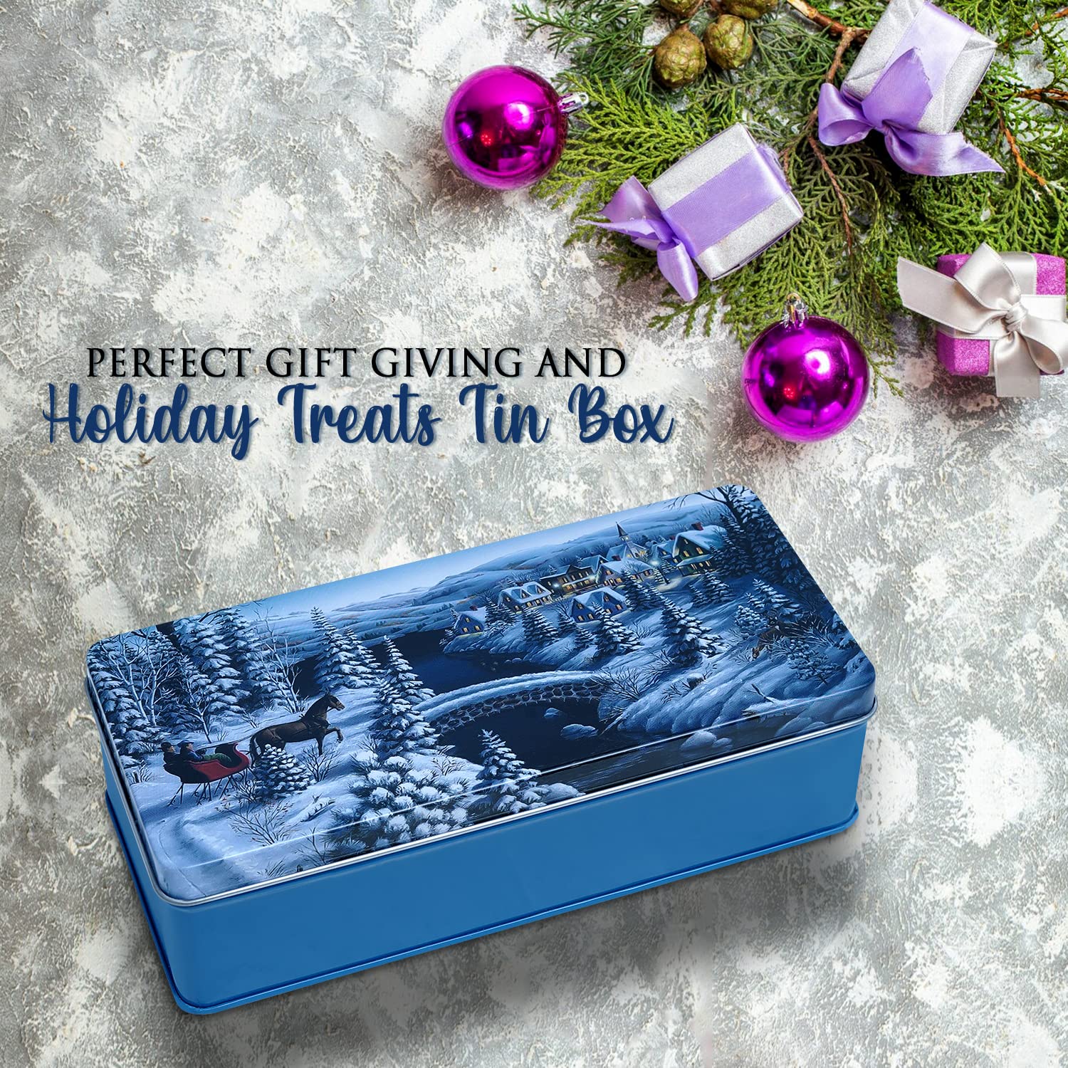 Crave Island Christmas Style Multi-Purpose Rectangular Tin Box with Lid - Metal Rectangle Box - Christmas Cookie Tin - Splendid Christmas Design - Spacious to store Sweets, Candy, and Food Storage