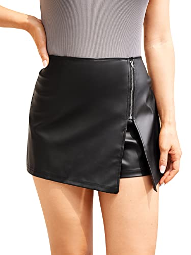 MakeMeChic Women's Faux Leather Shorts Zipper Front Split PU Leather Skorts Regular Black L