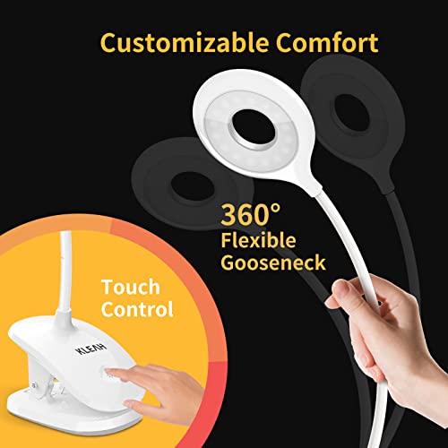 KLEAH Clip on Light for Bed & Desk, Reading in Bed, Dorm, Flexible Gooseneck, Battery Operated Rechargeable Clamp Lamp for Headboard, Eye-Caring LED Light with 3 Brightness Modes